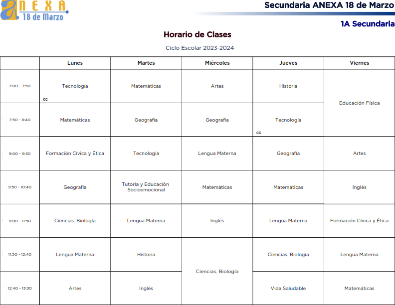 Horario de clases 1A Secundaria - Secundaria y Preparatoria ANEXA 18 de ...