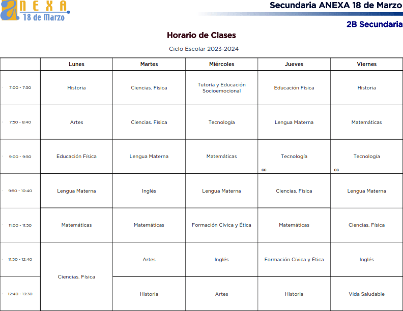 Horario de clases 2B Secundaria - Secundaria y Preparatoria ANEXA 18 de Marzo