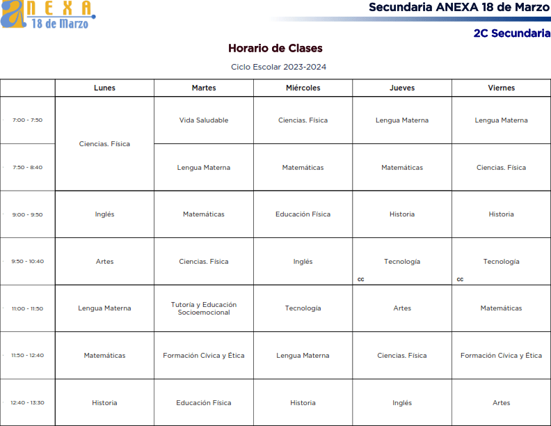 Horario de clases 2C Secundaria - Secundaria y Preparatoria ANEXA 18 de ...