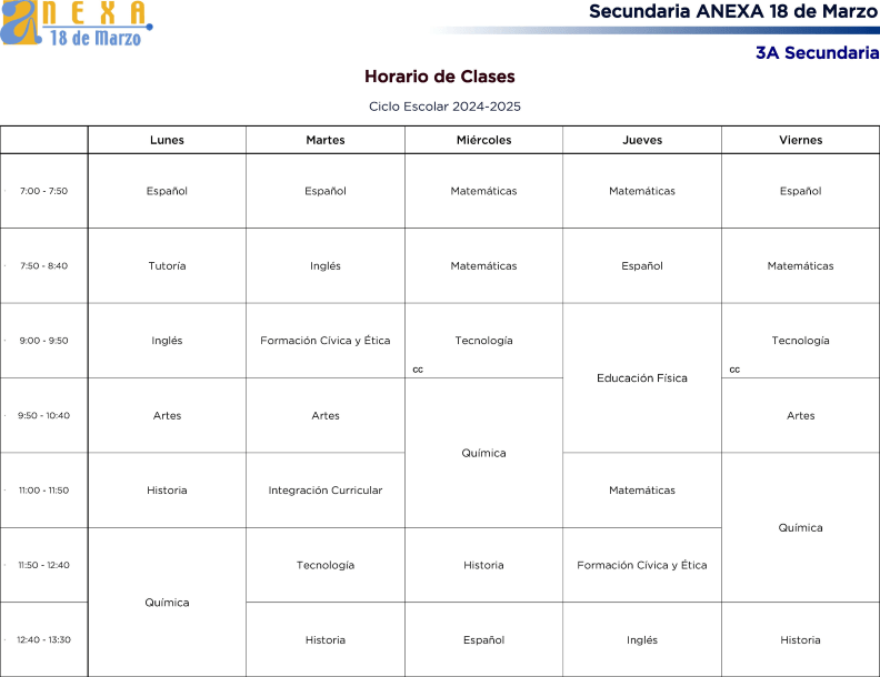 Horario de clases 3A Secundaria - Secundaria y Preparatoria ANEXA 18 de ...