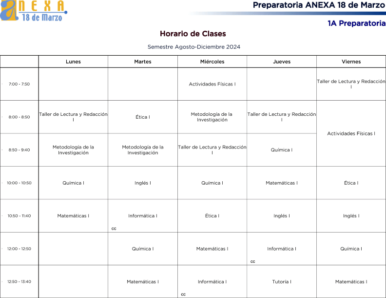 Horario de clases 1A Preparatoria – Secundaria y Preparatoria ANEXA 18 ...