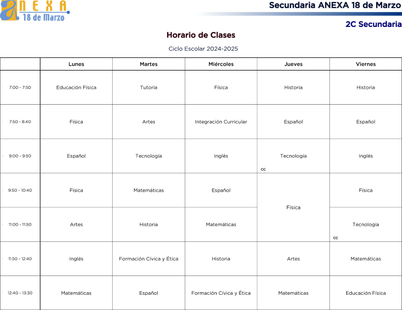 Horario de clases 2C Secundaria – Secundaria y Preparatoria ANEXA 18 de ...