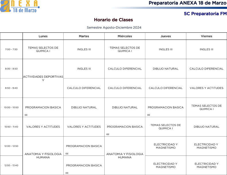 Horario de clases 5C Preparatoria – Secundaria y Preparatoria ANEXA 18 de Marzo