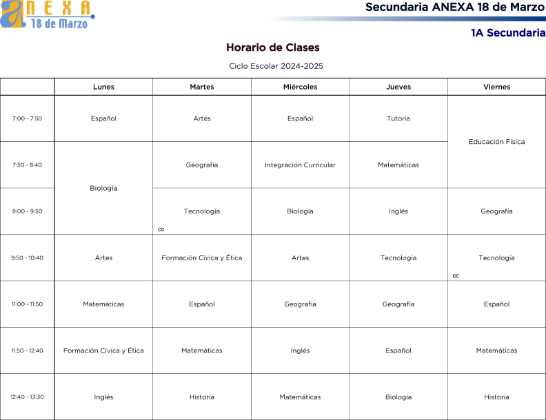 Horario de clases 1A Secundaria – Secundaria y Preparatoria ANEXA 18 de ...