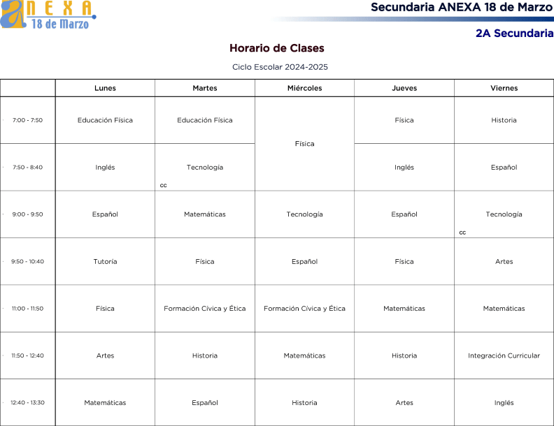 Horario de clases 2A Secundaria – Secundaria y Preparatoria ANEXA 18 de Marzo